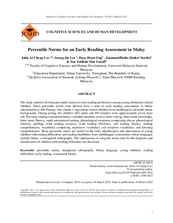 (PDF) Percentile Norms for an Early Reading Assessment in Malay