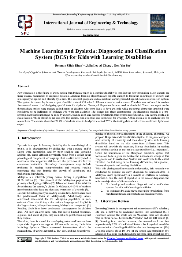 (PDF) Machine Learning and Dyslexia-Diagnostic and Classification ...