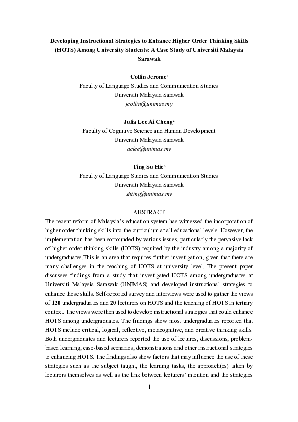 (PDF) Developing Instructional Strategies to Enhance Higher Order Thinking Skills (HOTS) Among ...