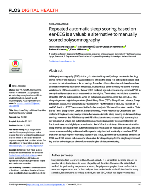 (PDF) Repeated automatic sleep scoring based on ear-EEG is a valuable ...