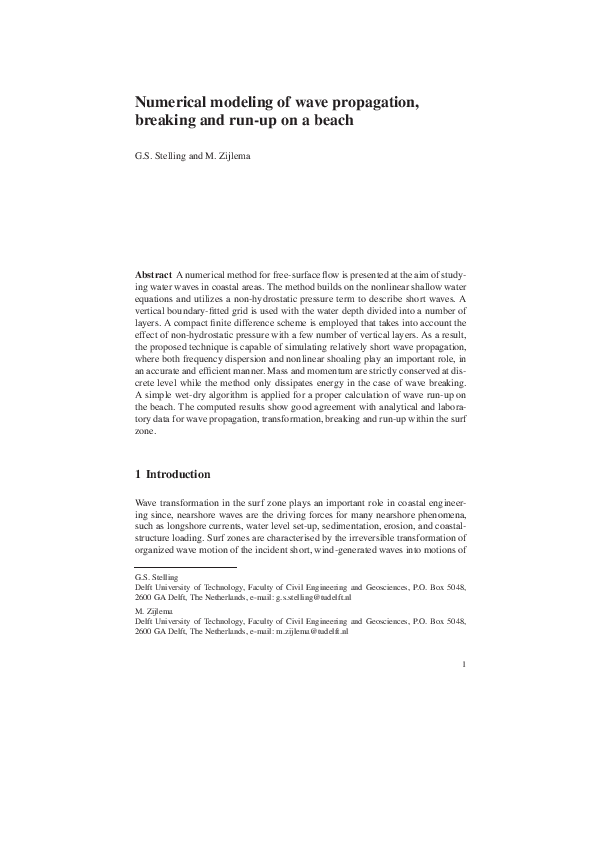 (PDF) Numerical Modeling of Wave Propagation, Breaking and Run-Up on a Beach