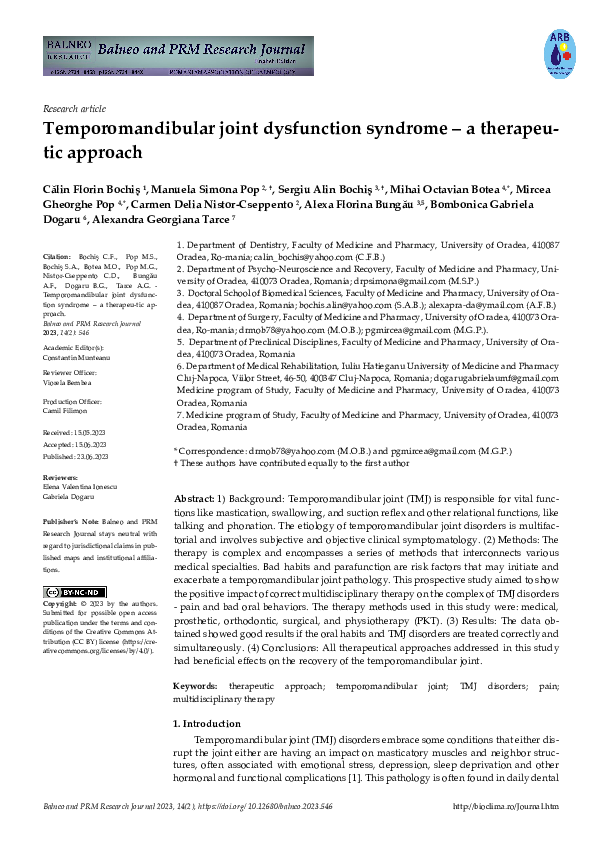 (PDF) Temporomandibular joint dysfunction syndrome – a therapeutic approach