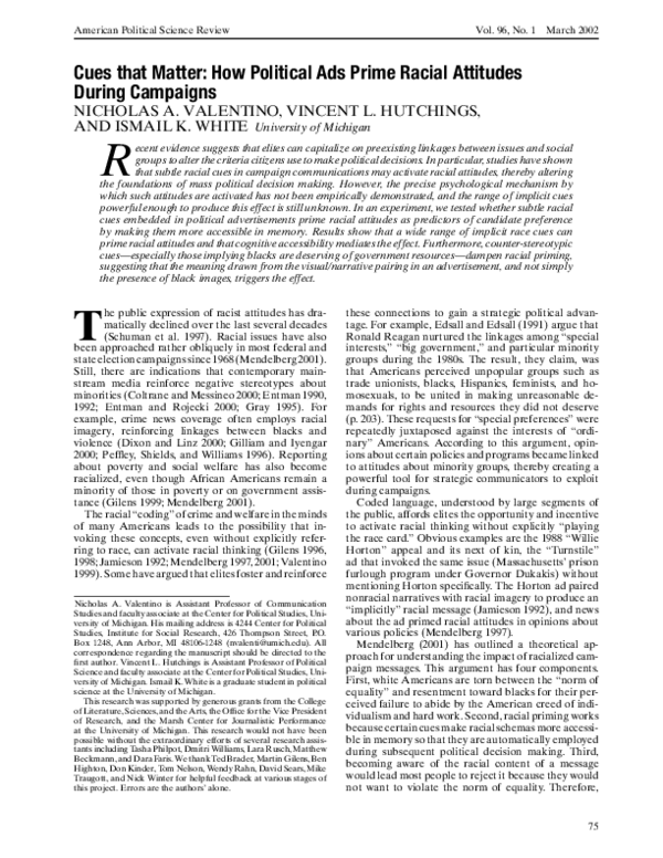 (PDF) Cues that Matter: How Political Ads Prime Racial Attitudes During ...