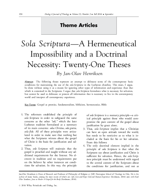 (PDF) Sola Scriptura -A Hermeneutical Impossibility and a Doctrinal Necessity: Twenty-One Theses