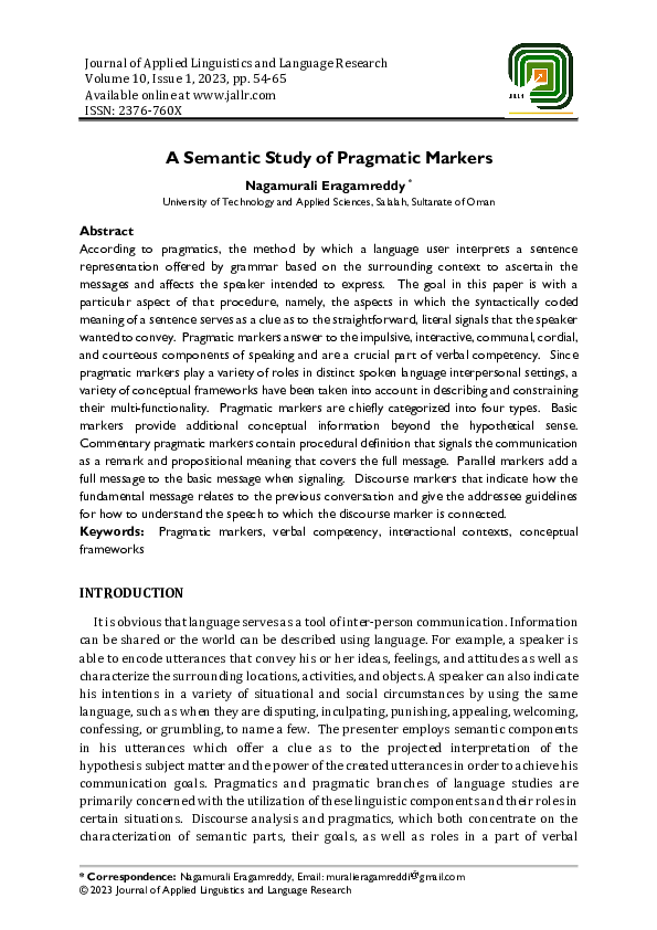 (PDF) A Semantic Study of Pragmatic Markers