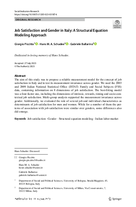 Pdf Job Satisfaction And Gender In Italy A Structural Equation Modeling Approach Giorgio