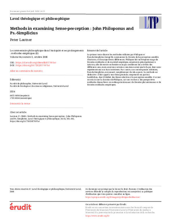 (PDF) Methods in examining Sense-perception : John Philoponus and Ps ...