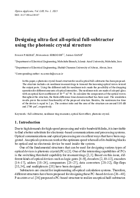 (PDF) Designing ultra-fast all-optical full-subtractor using the photonic crystal structure ...