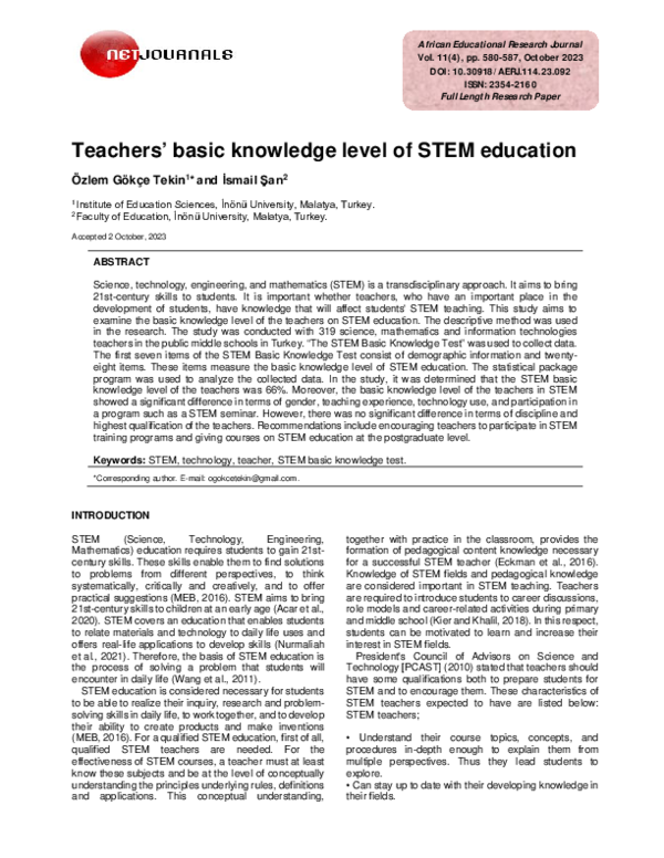 (PDF) Teachers' basic knowledge level of STEM education