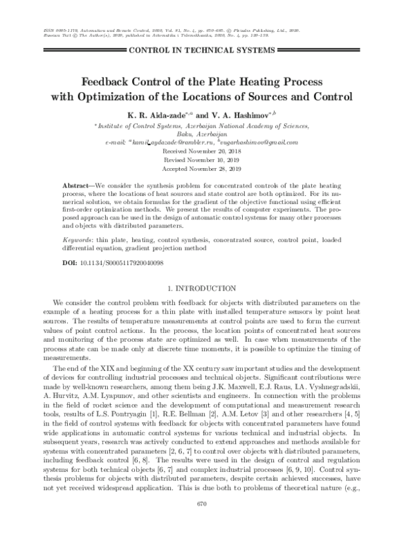 (PDF) Feedback Control of the Plate Heating Process with Optimization of the Locations of ...
