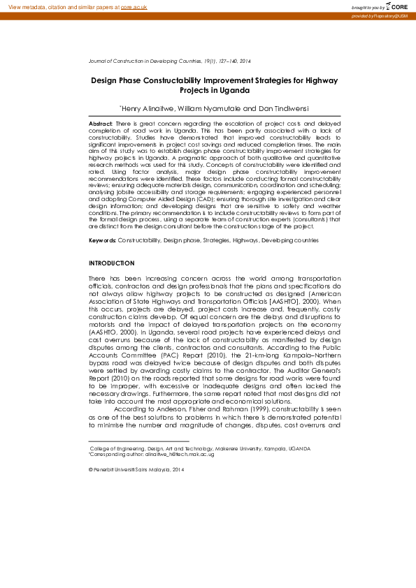 (PDF) Design Phase Constructability Improvement Strategies for Highway Projects in Uganda ...