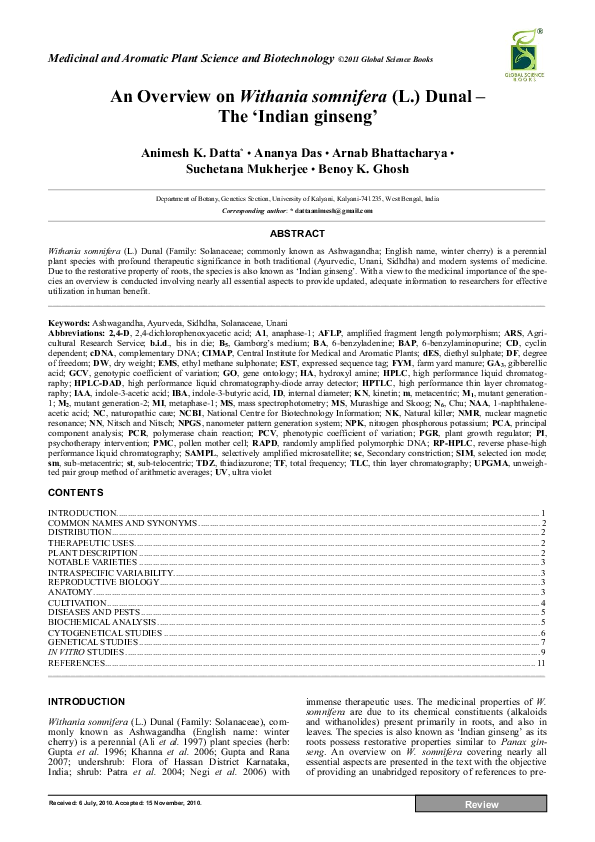 (PDF) An Overview on Withania somnifera (L.) Dunal -The 'Indian ginseng'