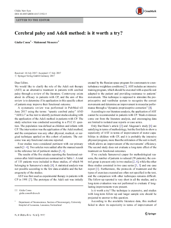 (PDF) Cerebral palsy and Adeli method: is it worth a try?