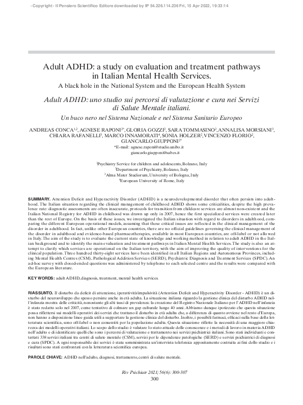 (PDF) Adult ADHD: a study on evaluation and treatment pathways in Italian Mental Health Services