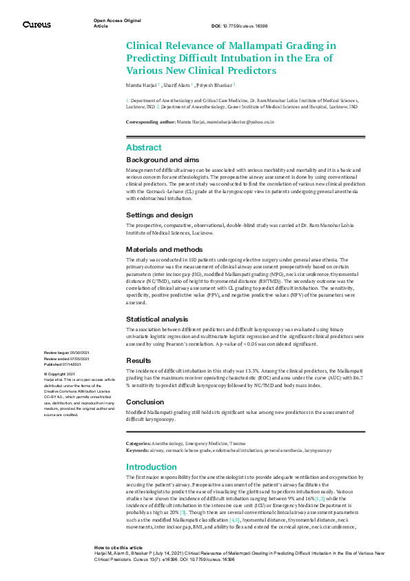 (PDF) Clinical Relevance of Mallampati Grading in Predicting Difficult ...