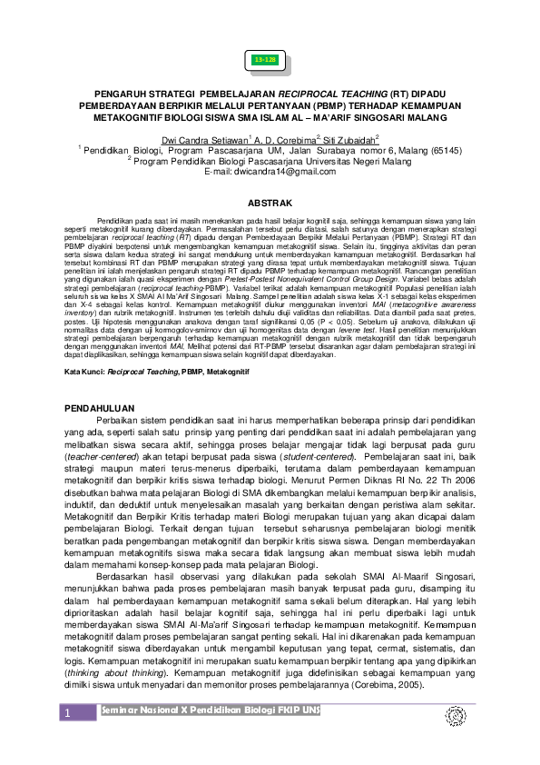 (PDF) Pengaruh Strategi Pembelajaran Reciprocal Teaching (RT) Dipadu Pemberdayaan Berpikir ...