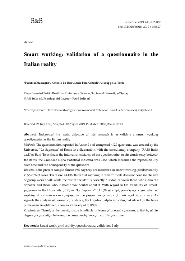 (PDF) Smart working: validation of a questionnaire in the Italian reality