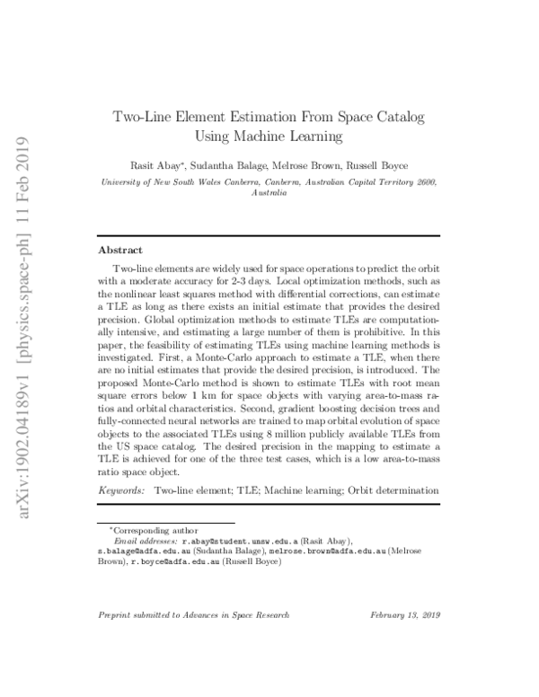 (PDF) Two-Line Element Estimation From Space Catalog Using Deep Neural Network