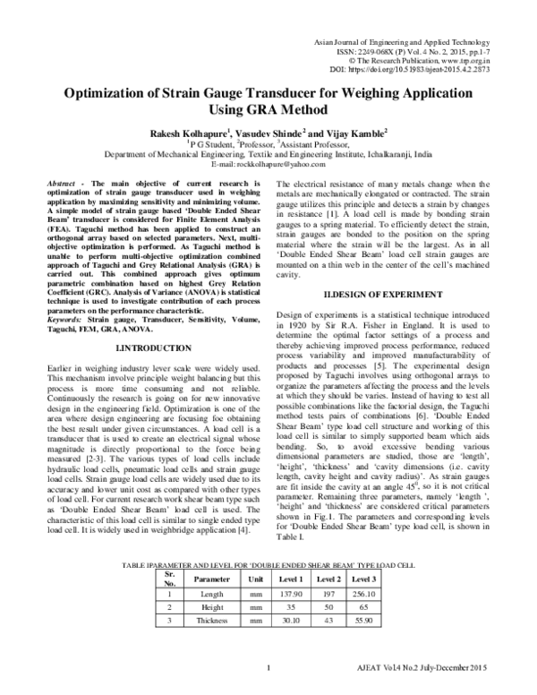 (PDF) Optimization of Strain Gauge Transducer for Weighing Application Using GRA Method