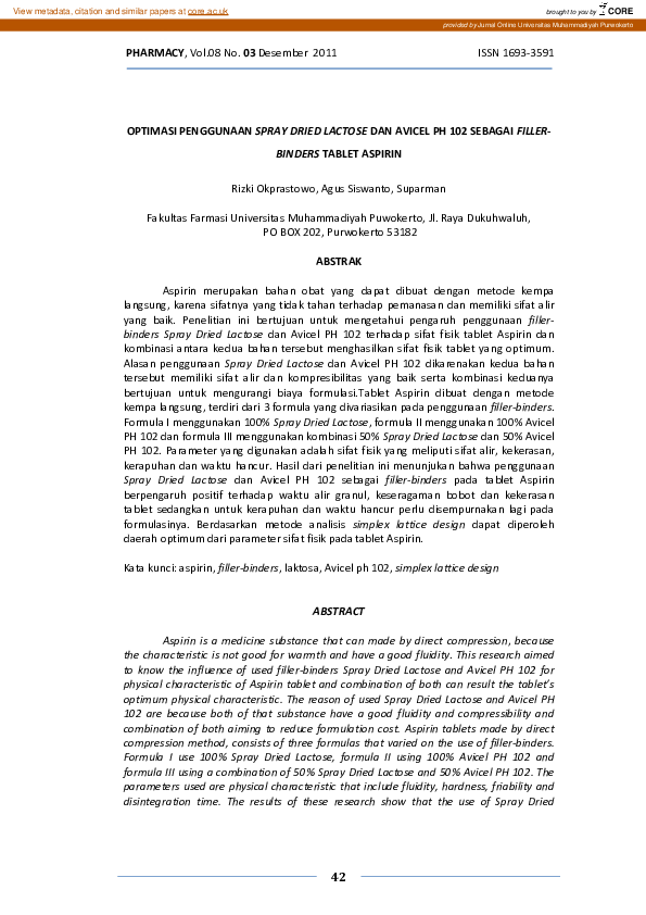 (PDF) Optimasi Penggunaan Spray Dried Lactose Dan Avicel Ph 102 Sebagai ...