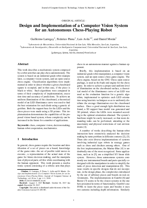 (PDF) Design and Implementation of a Computer Vision System for an Autonomous Chess-Playing Robot