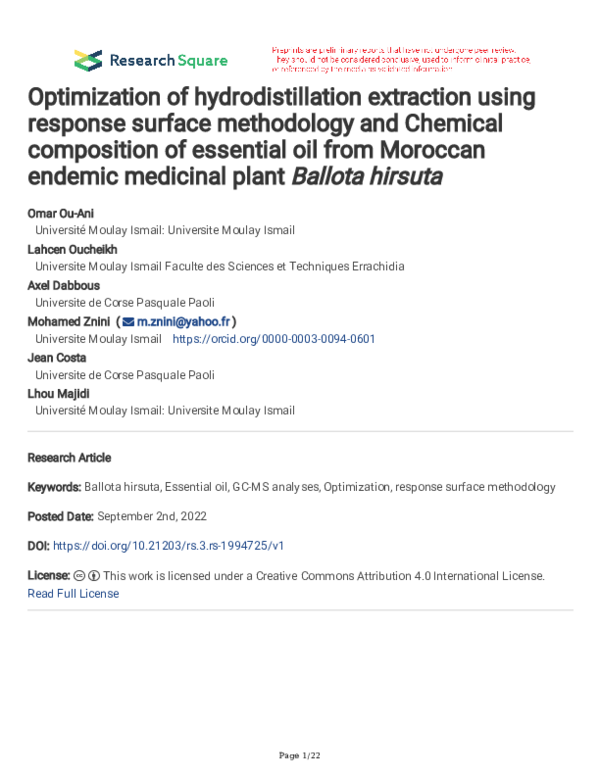 (PDF) Optimization of hydrodistillation extraction using response surface methodology and ...
