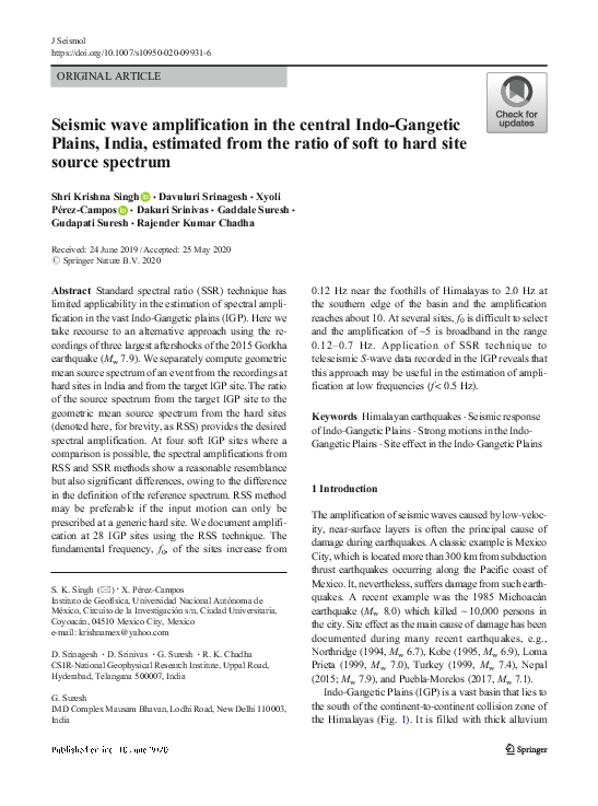 (PDF) Seismic wave amplification in the central Indo-Gangetic Plains, India, estimated from the ...