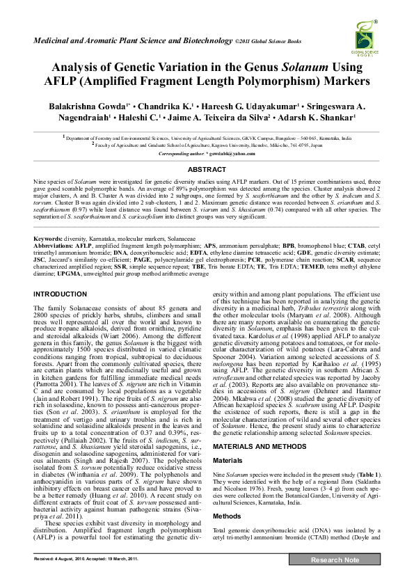 (PDF) Analysis of Genetic Variation in the Genus Solanum Using AFLP ...