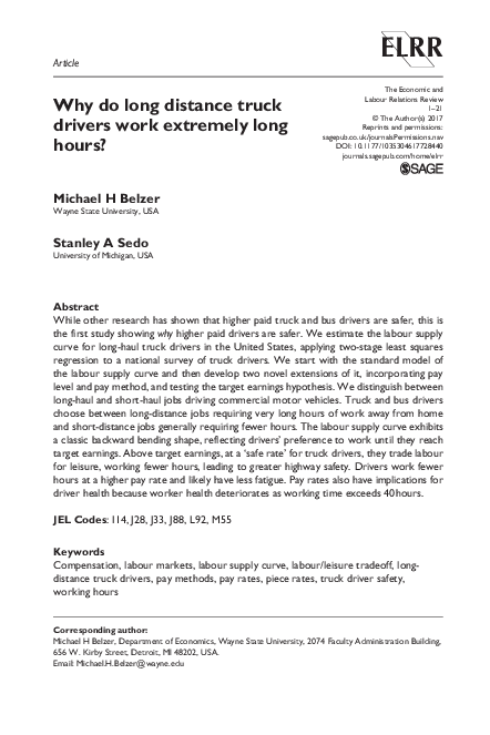 (PDF) Why Do Long Distance Truck Drivers Work Extremely Long Hours?