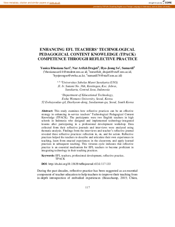 (PDF) Enhancing Efl Teachers’ Technological Pedagogical Content Knowledge (Tpack) Competence ...