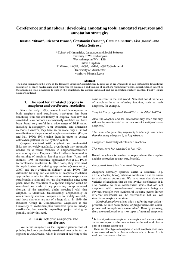 (PDF) Coreference and anaphora: developing annotating tools, annotated ...
