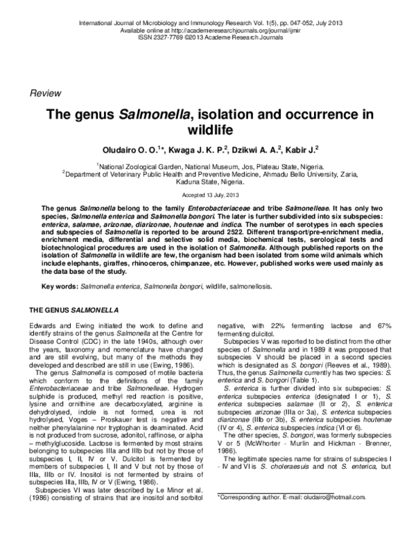 (PDF) The Genus Salmonella, Isolation and Occurrence in Wildlife