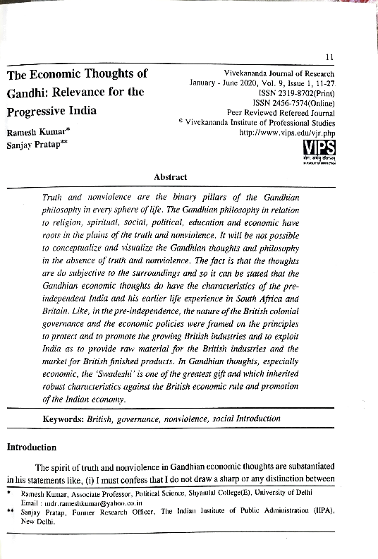 (PDF) The Economic Thoughts of Gandhi: Relevance for the Progressive India