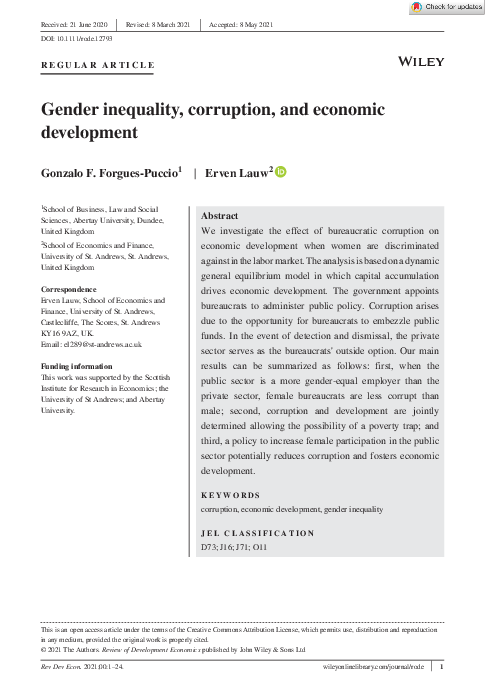 (PDF) Gender inequality, corruption, and economic development