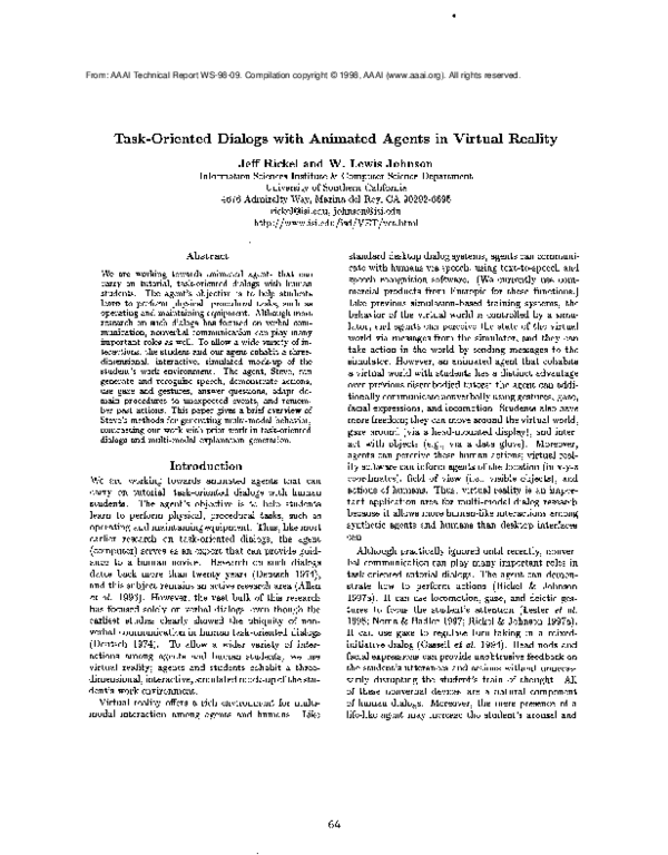 (PDF) Task-Oriented Dialogs with Animated Agents in Virtual Reality