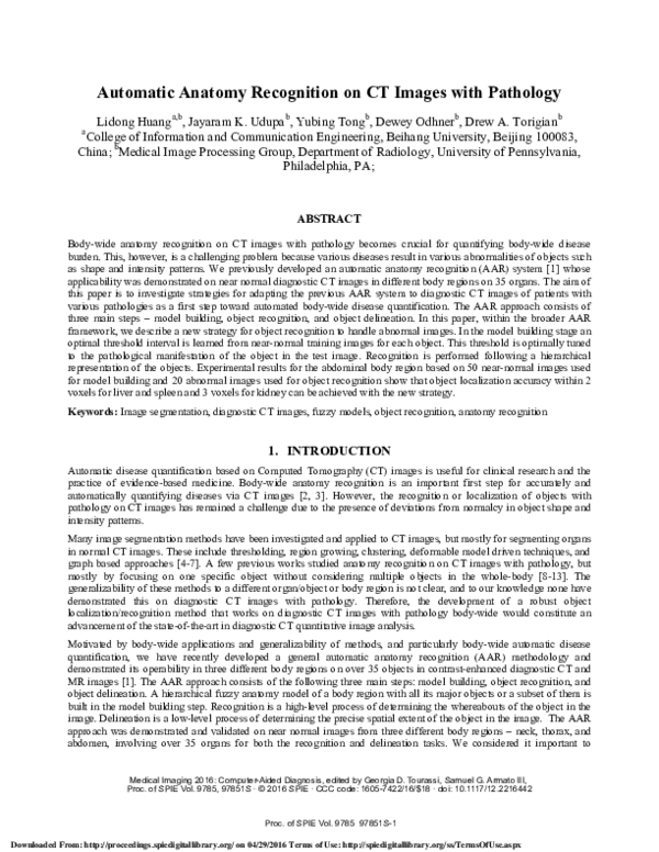 (PDF) Automatic anatomy recognition on CT images with pathology | Yubing Tong - Academia.edu