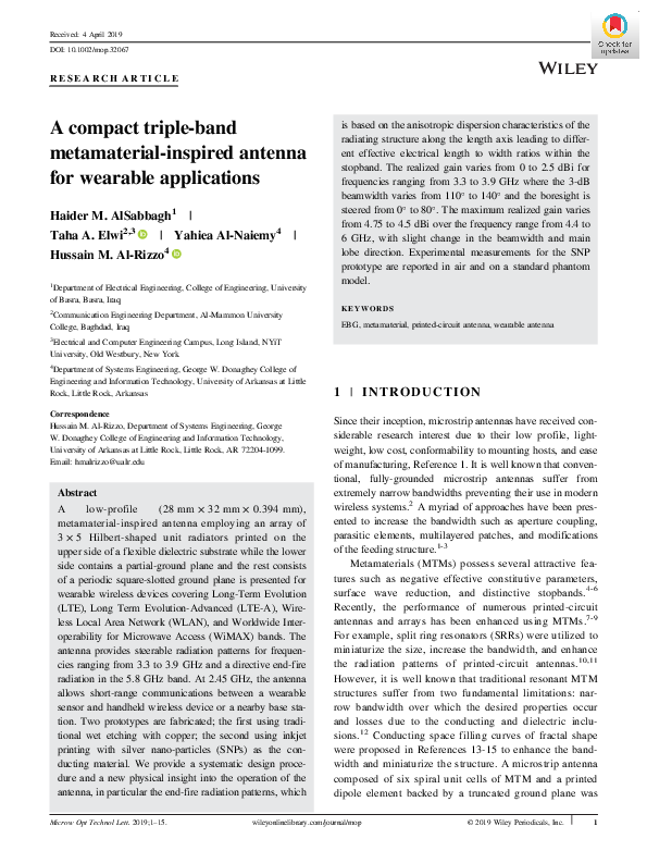 Pdf A Compact Triple‐band Metamaterial‐inspired Antenna For Wearable Applications Abinash