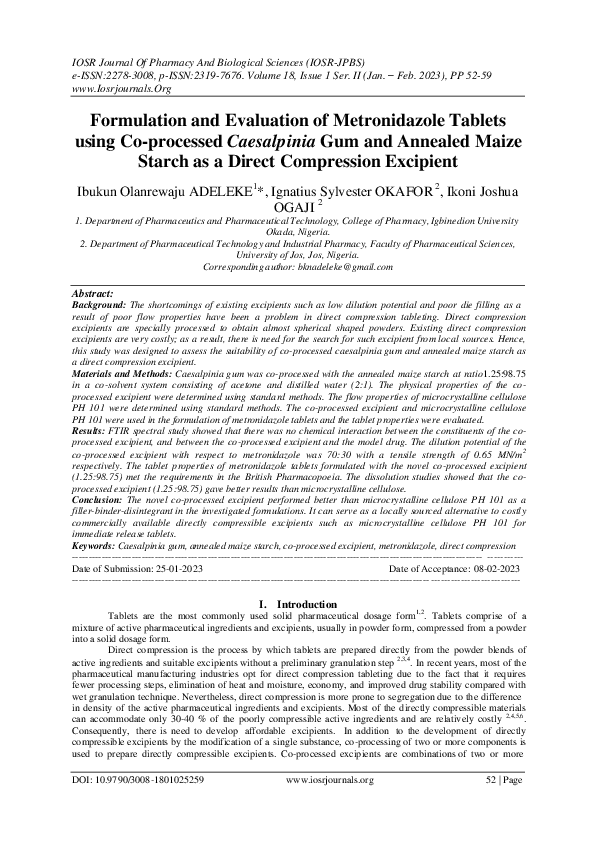 Pdf Formulation And Evaluation Of Metronidazole Tablets Using Co Processed Caesalpinia Gum And