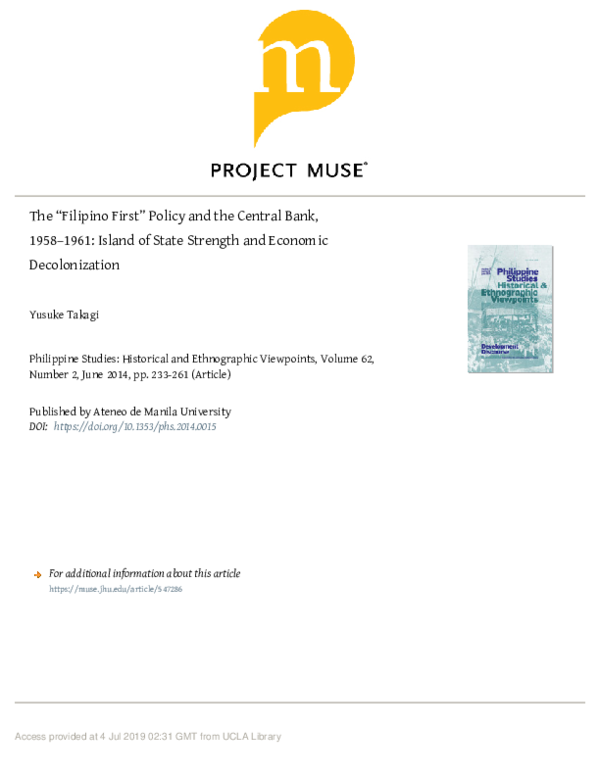 (PDF) The “Filipino First” Policy and the Central Bank, 1958–1961 ...