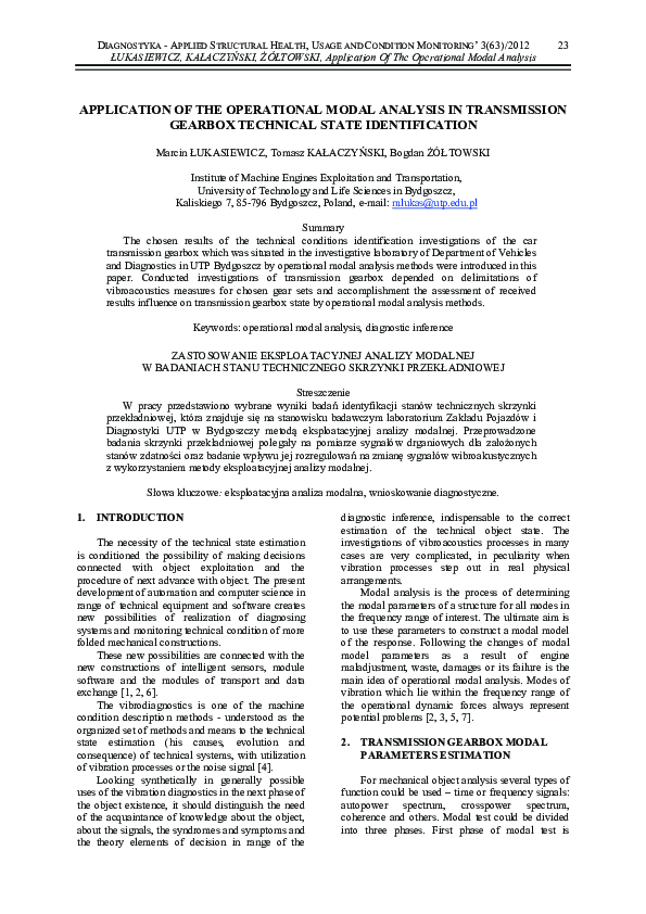 Pdf Operational Modal Analysis For Gearbox State Assessment