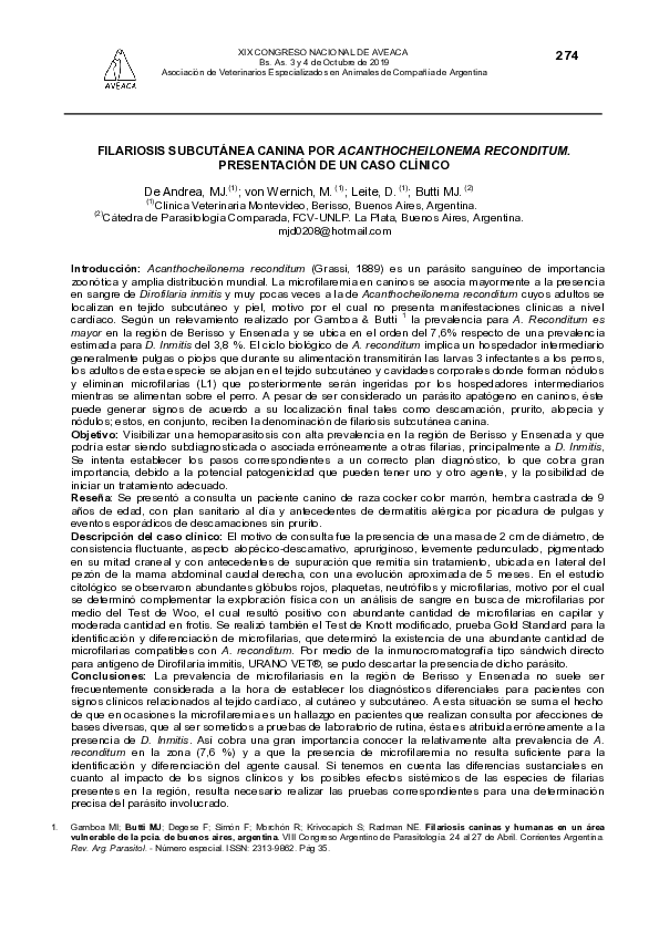 (PDF) Filariosis subcutánea canina por Acanthocheilonema reconditum