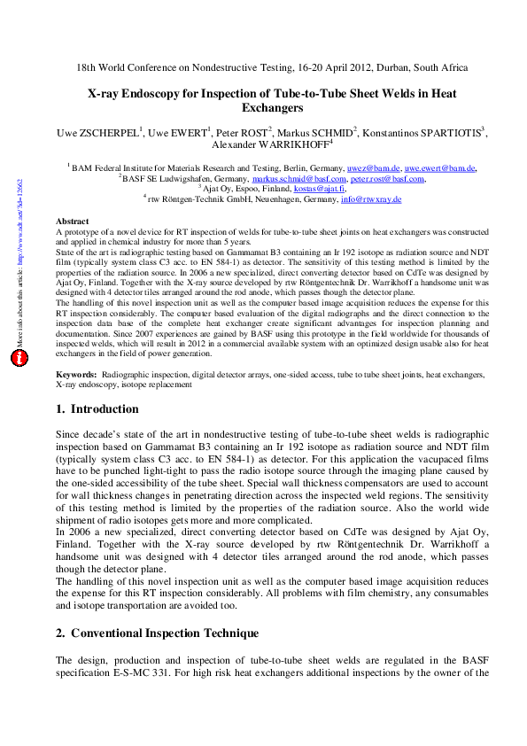(PDF) X-ray Endoscopy for Inspection of Tube-to-Tube Sheet Welds in ...