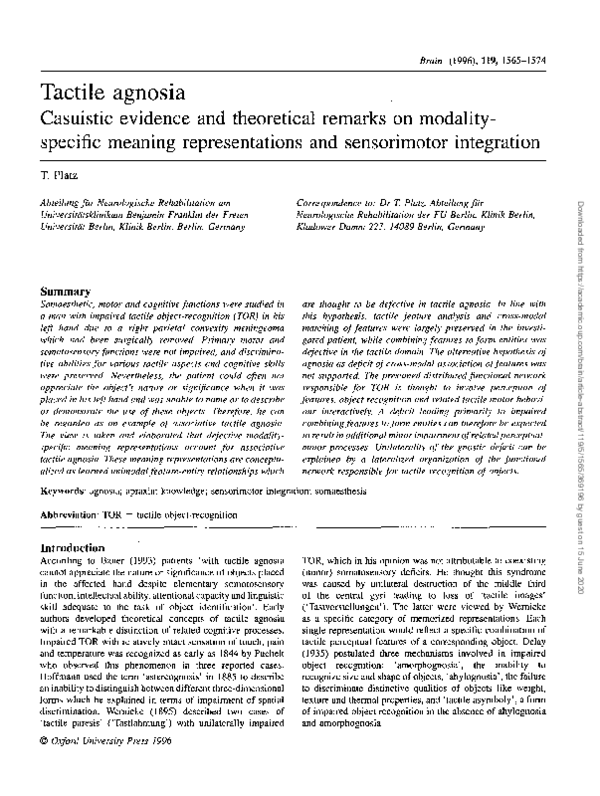 (PDF) Tactile agnosia | Thomas Platz - Academia.edu