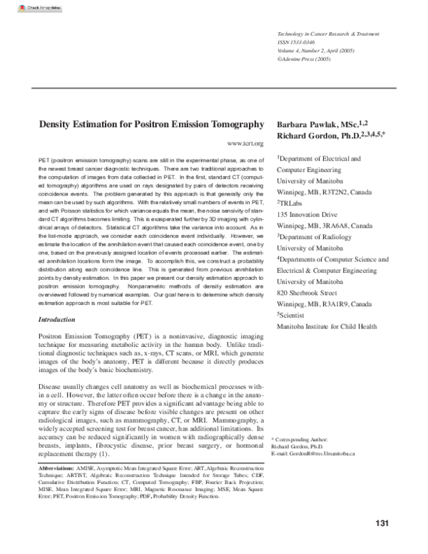 (PDF) Density estimation for positron emission tomography