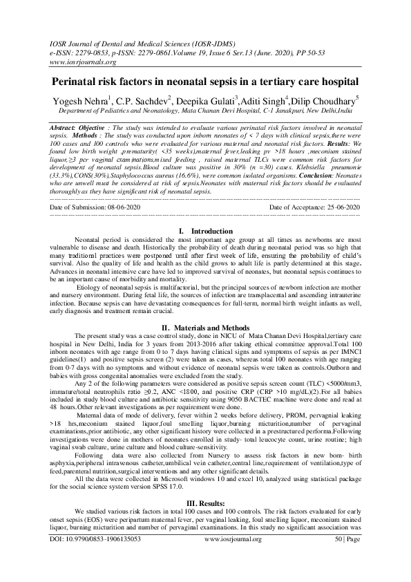(PDF) Perinatal risk factors in neonatal sepsis in a tertiary care hospital