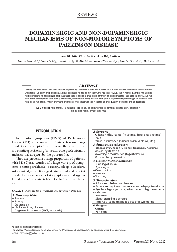 (PDF) Dopaminergic and non-dopaminergic mechanisms of non-motor symptoms of Parkinson disease
