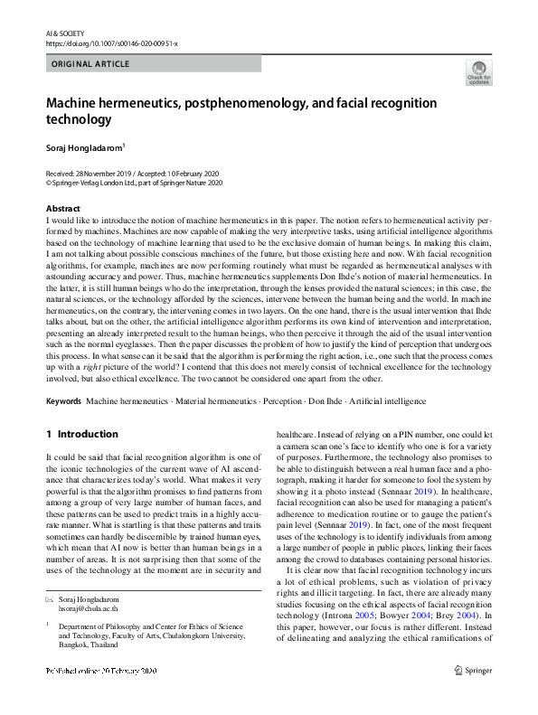 (PDF) Machine hermeneutics, postphenomenology, and facial recognition ...