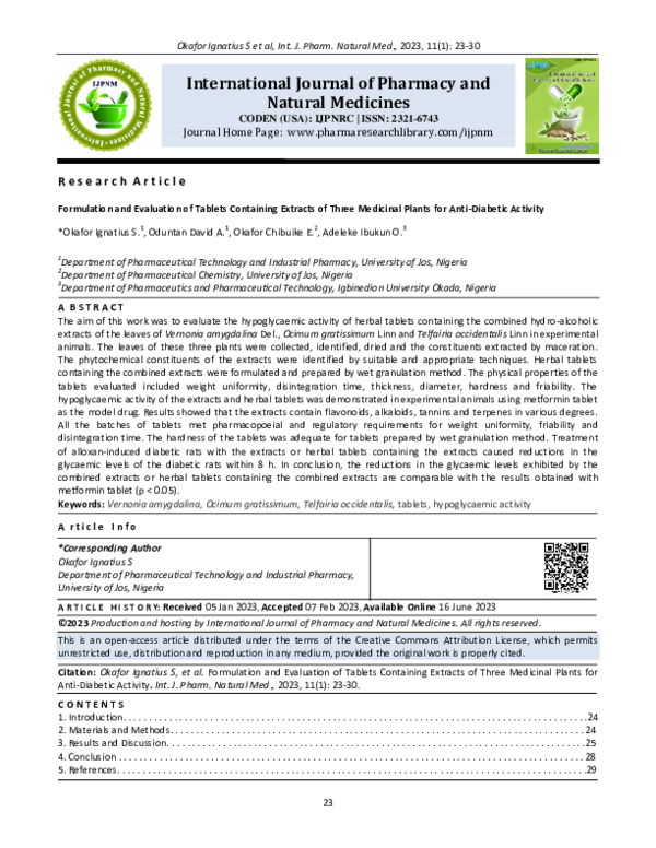 (PDF) Formulation and Evaluation of Tablets Containing Extracts of ...