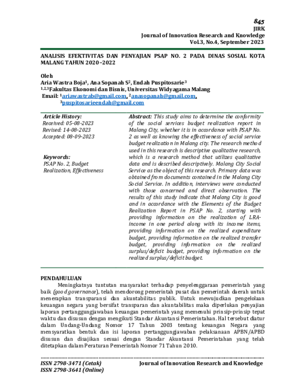 (PDF) Analisis Efektivitas Dan Penyajian Psap No. 2 Pada Dinas Sosial Kota Malang Tahun 2020 ...