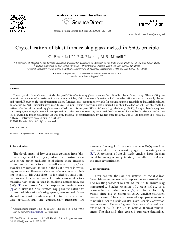 (PDF) Crystallization of blast furnace slag glass melted in SnO2 crucible